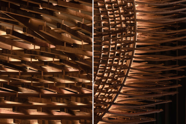 A distillery’s bar interior made of discarded distillery barrels ...